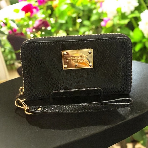 Michael Kors | Bags | Michael Kors Black Snakeskin Wallet With Gold ...